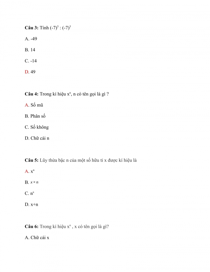 Trắc nghiệm toán 7 cánh diều Chương 1 Bài 3: phép tính lũy thừa với số mũ tự nhiên của một số ...